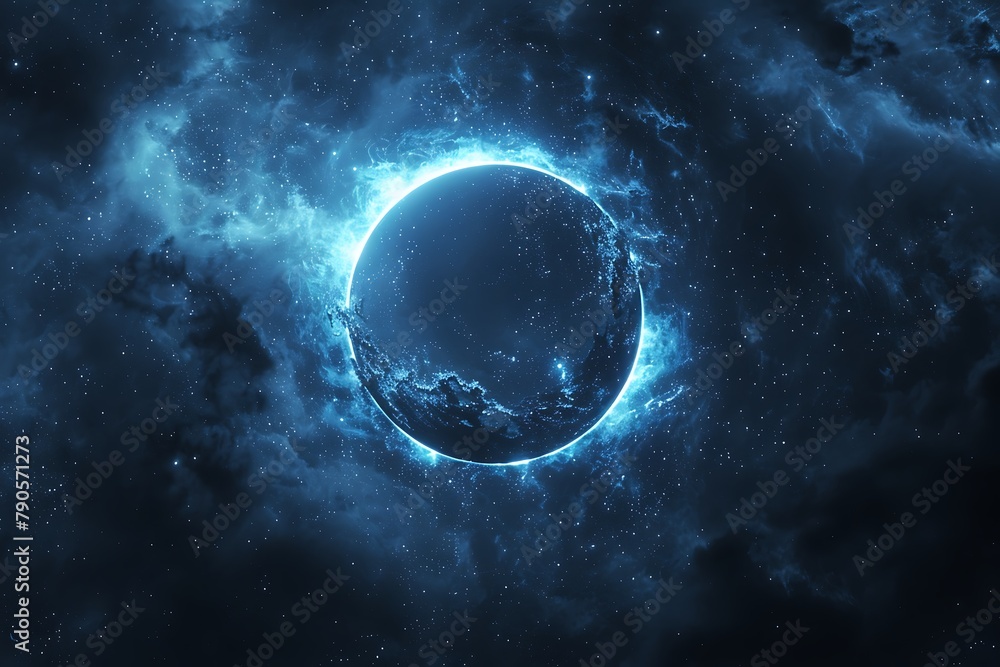 Abstract digital fictional orbit or 3d eclipse with blue glow in dark ...