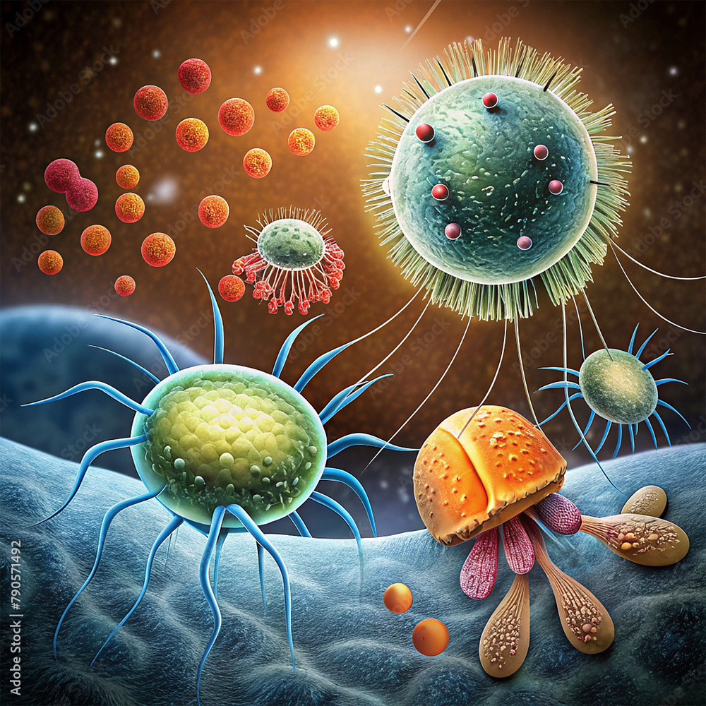 Digital illustration of influenza virus in colour background with ...
