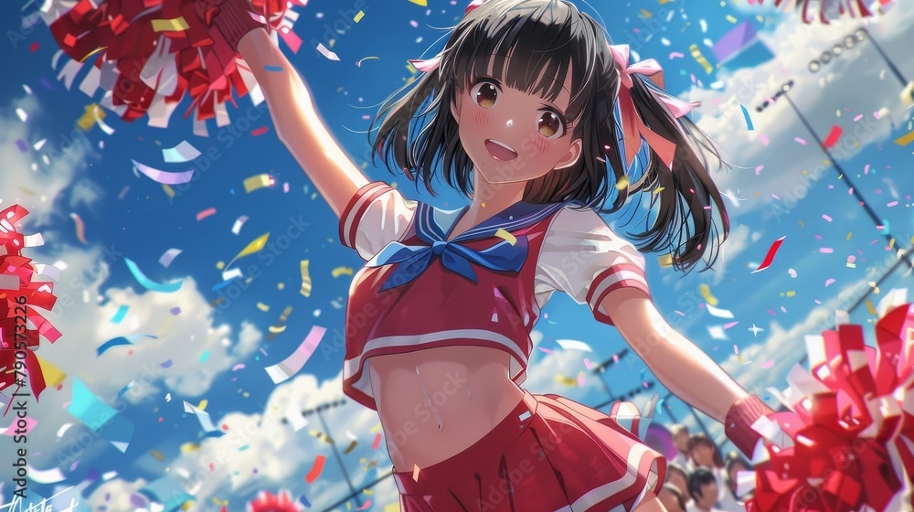 Animated Cheerleader Celebrating with Pom-Poms Under a Confetti Sky ...
