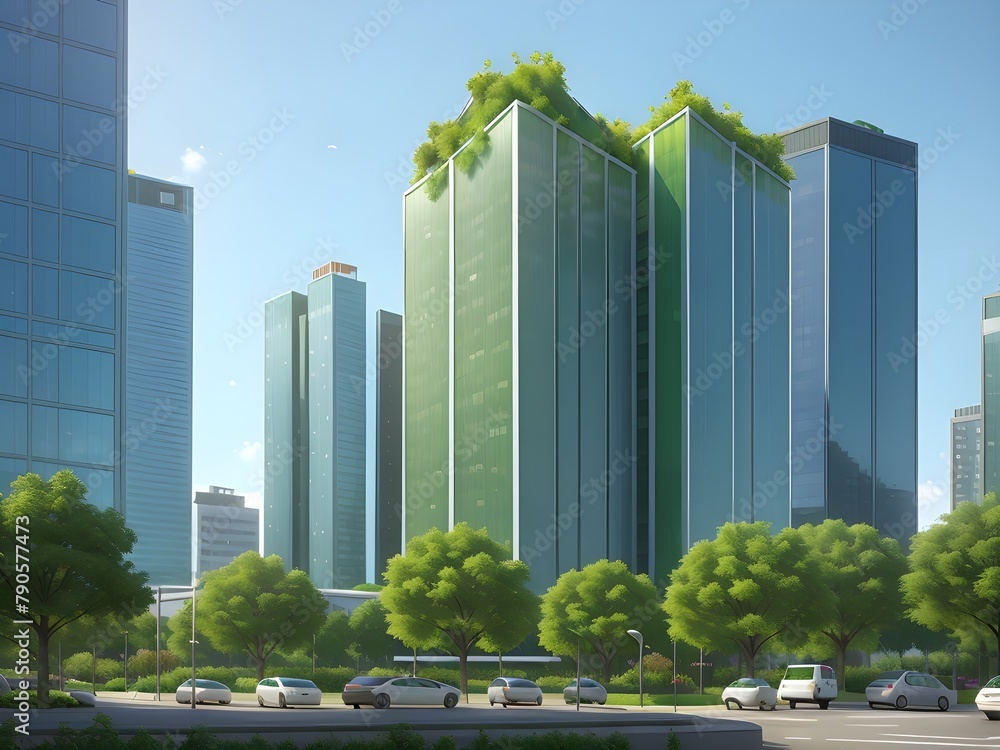Eco friendly building in the modern city. green tree branches with ...
