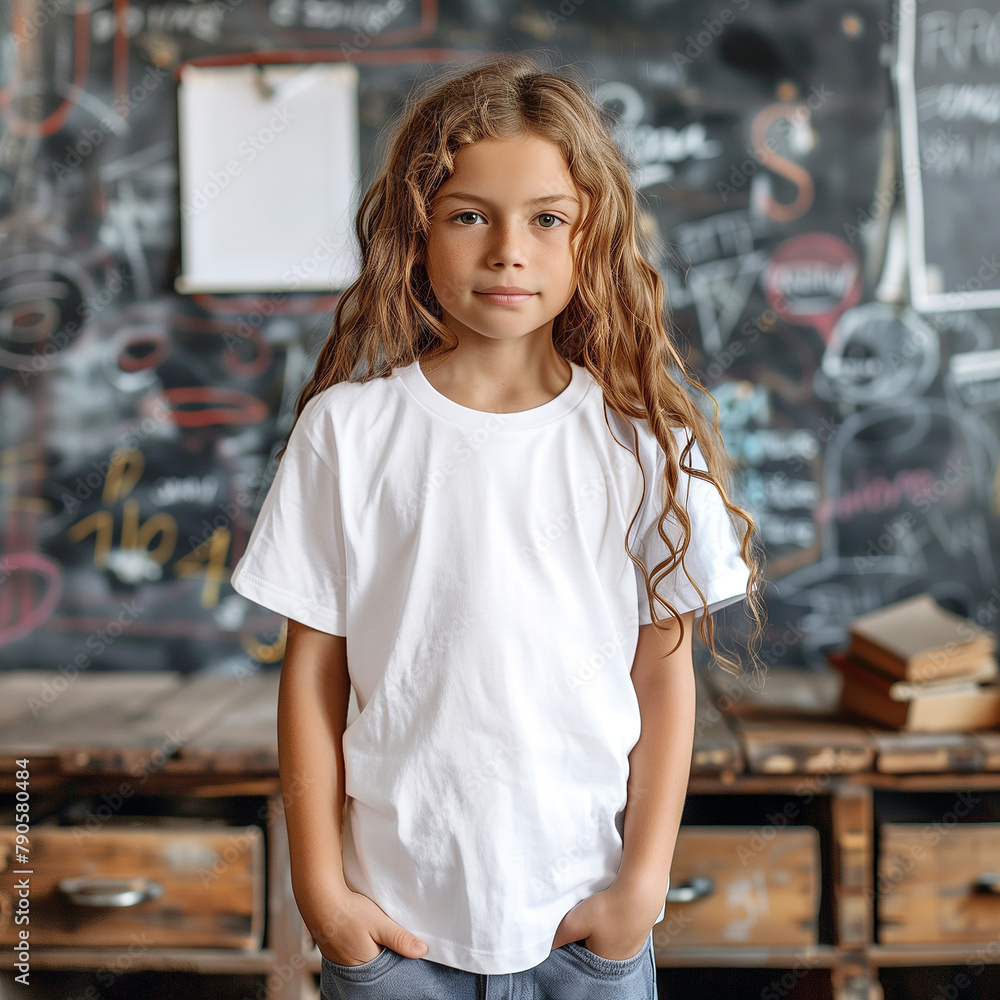 School girl model in white Bella Canvas 3001t. Kid in blank tshirt ...