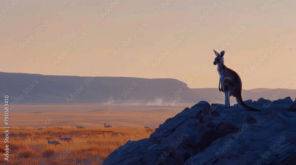 Showcases a closeup of a kangaroo on a rocky ledge, overlooking vast ...