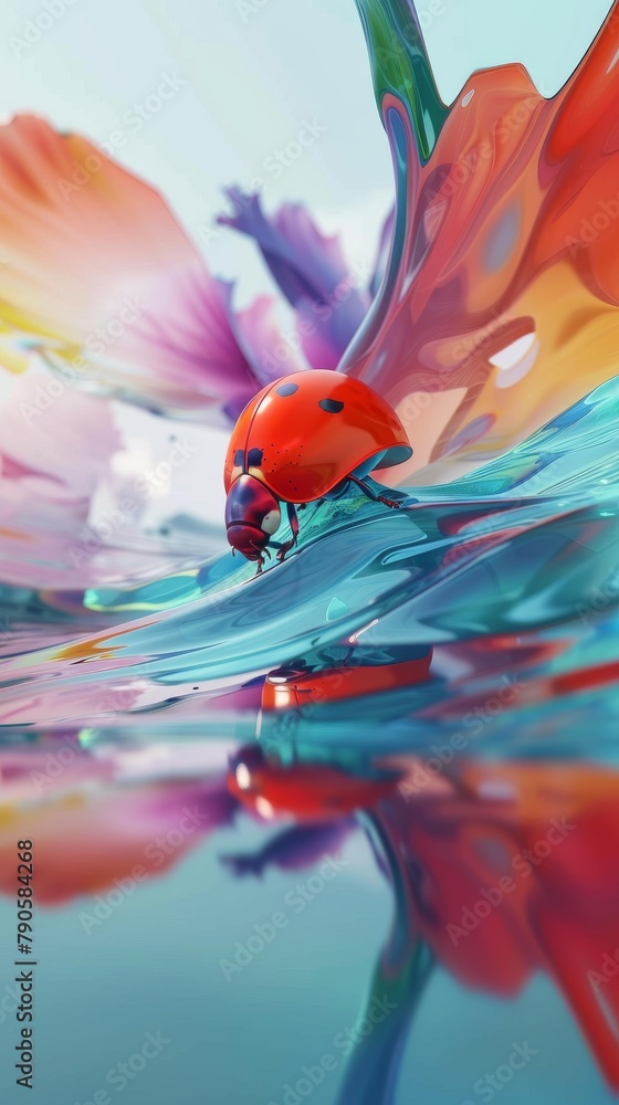 Photographs a ladybug s reflection in a small puddle, the bright red of ...