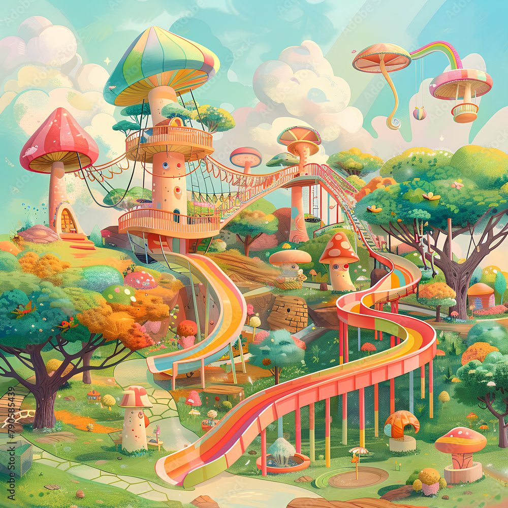 Illustrate an imaginative playground filled with whimsical structures ...