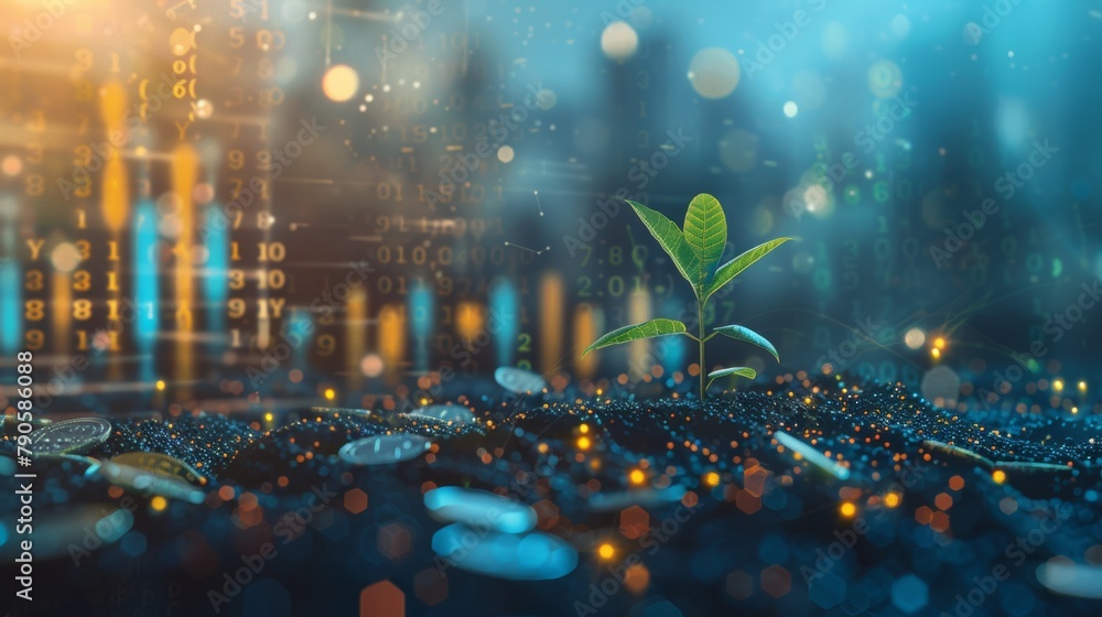 Seedling sprouting amidst coins, upward trending bar graphs, team ...