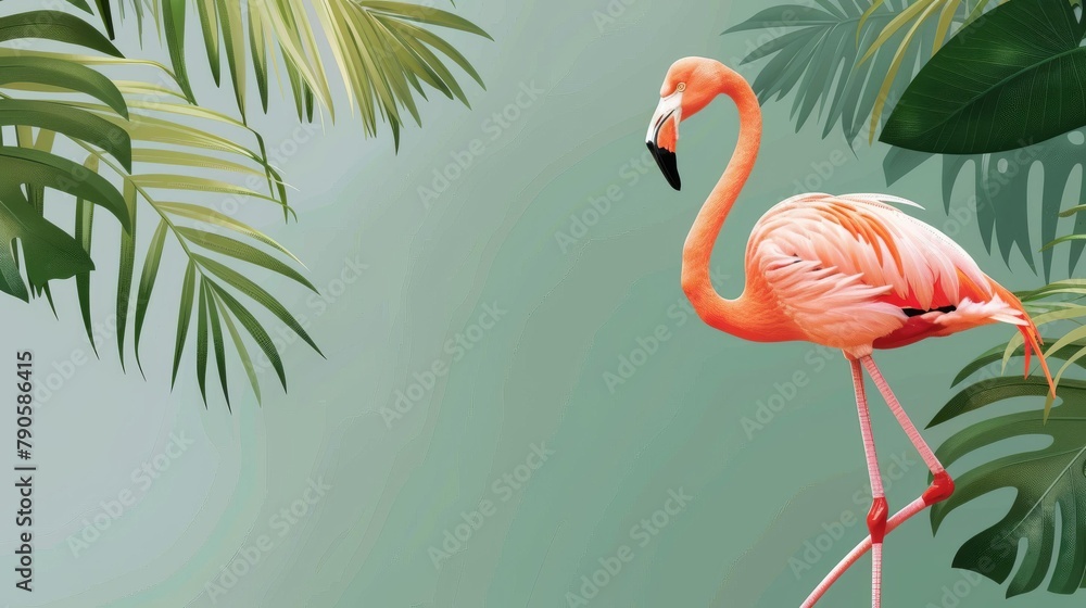 Arranges a scene of a single flamingo standing on one leg, the soft ...