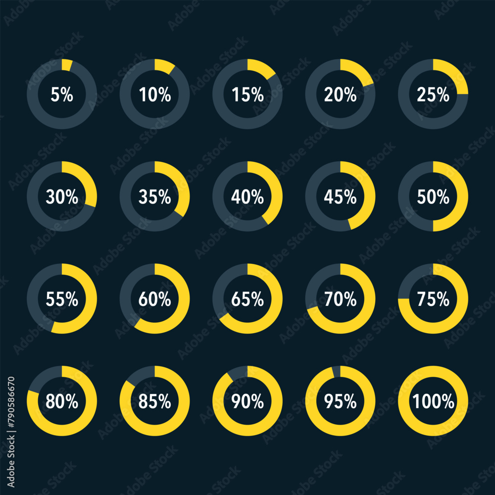 Set of yellow infographic percentage piecharts, segment of hole circle ...