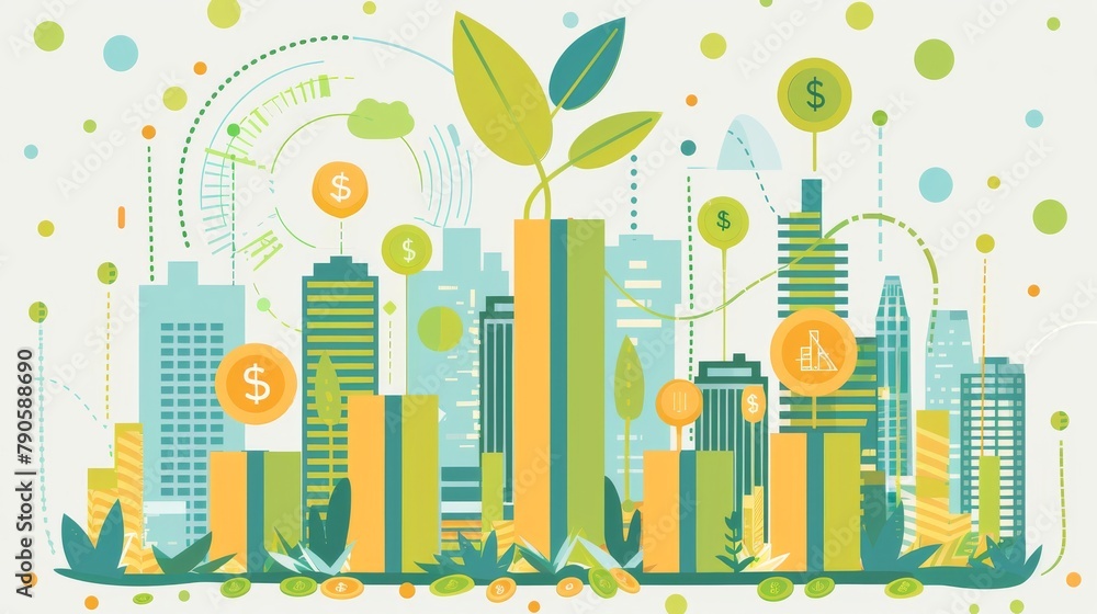 Seedling sprouting amidst coins, upward trending bar graphs, team ...
