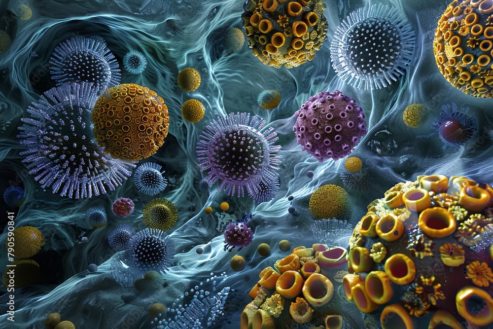 Microscopic view of pollen grains interacting with human nasal cells ...