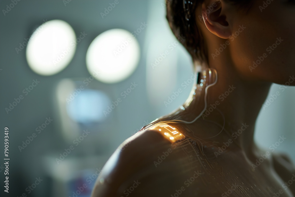 Woman with futuristic nanotech chip implant on shoulder in hospital ...