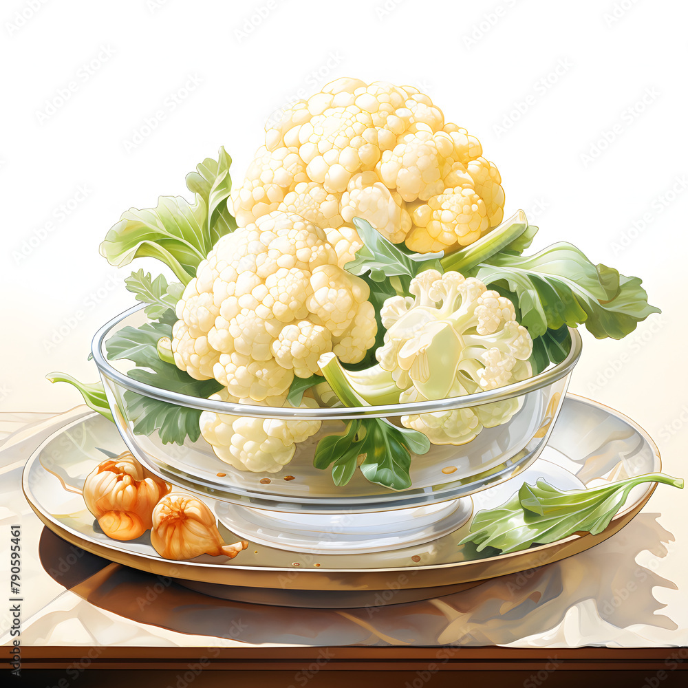 Cauliflower in Glass bowl, vegetable, full body, watercolor ...