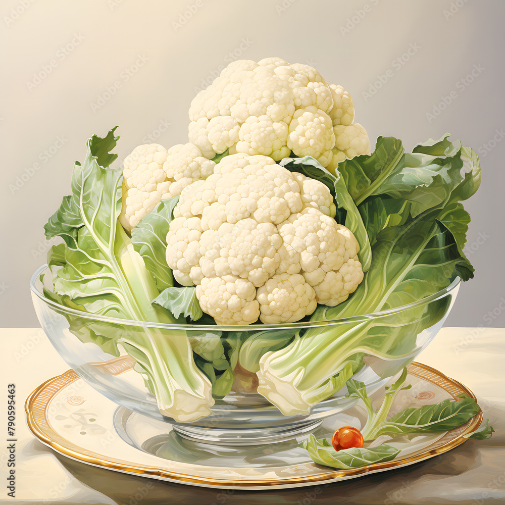Cauliflower in Glass bowl, vegetable, full body, watercolor ...