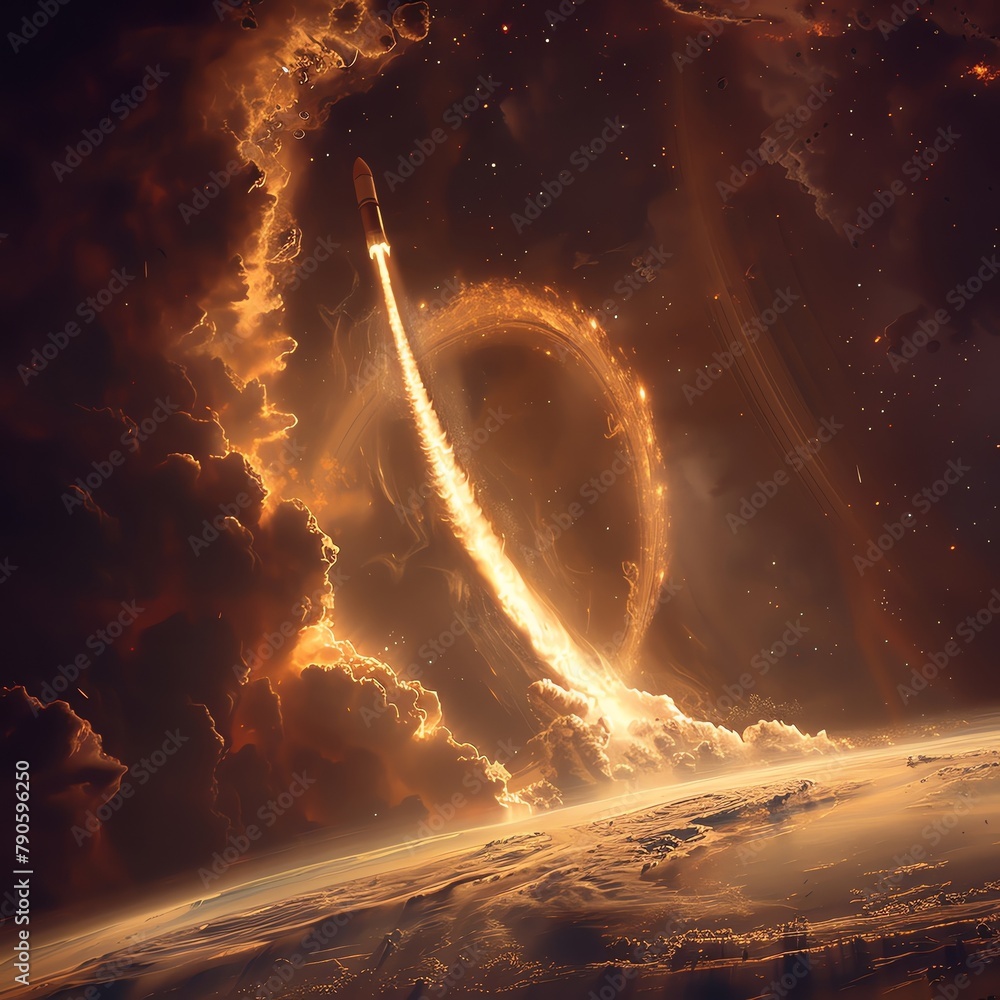 Capture the dynamic exit of a space rocket from its station, framed by ...