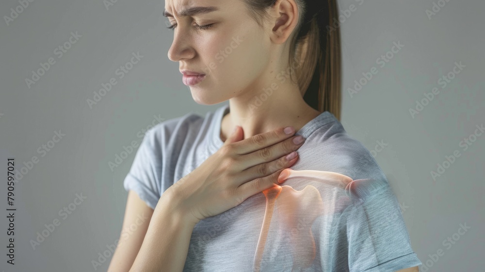Health concept, person has left shoulder pain, woman uses right hand to ...