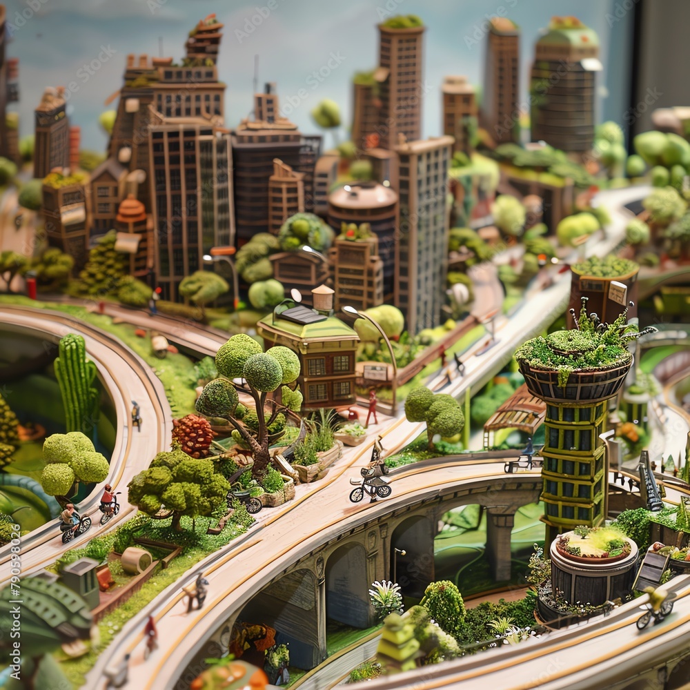 Craft a detailed clay sculpture of a city transformed by sustainable ...