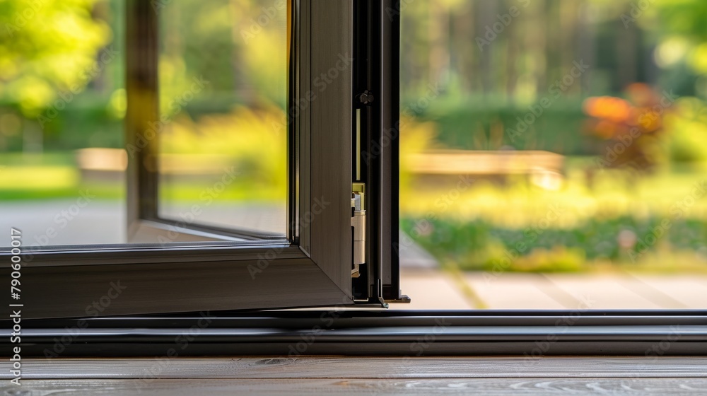 Aluminum window detail. Metal door frame open closeup view. Energy ...