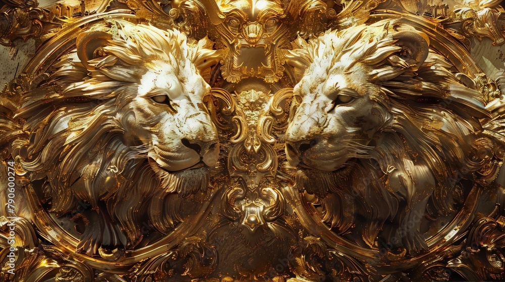 Symmetrical detailed golden lion head sculptures with intricate ...