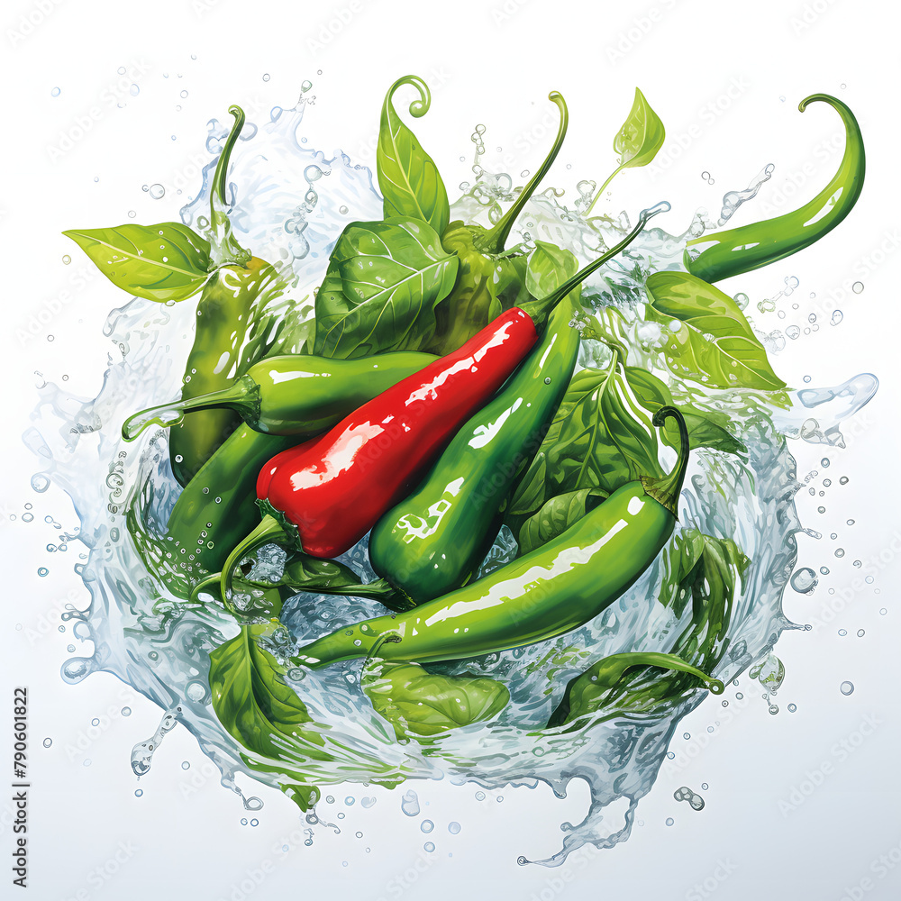 chili floating in water, Top view, vegetable, watercolor illustration ...