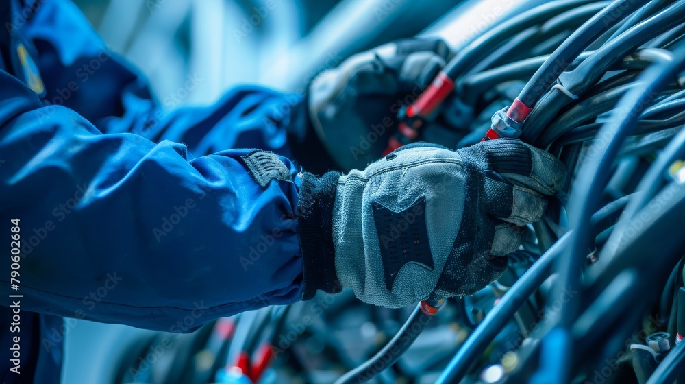 Hands of electrician with voltage wire. Cable joining. Installation ...