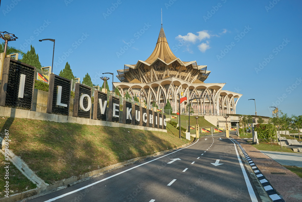 Tourist attraction with letters "I love kuching" at Sarawak State Legislative Assembly, Kuching ...