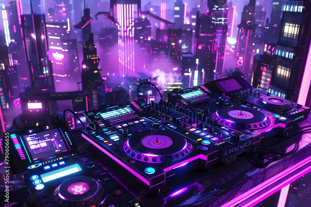 Visualize a high-tech DJ booth in a neon-lit cityscape, where music ...