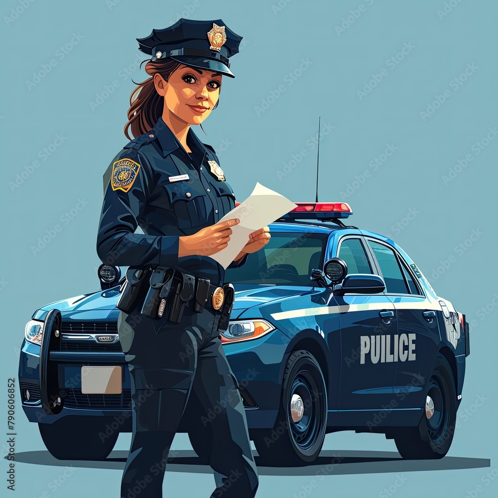 flat illustration, vector, a female police officer giving a traffic ...