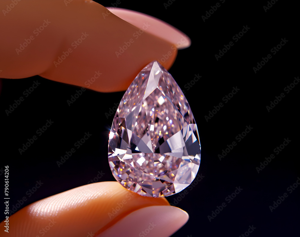 Pear shaped synthetic diamond in woman's fingers. Hand held lab diamond ...
