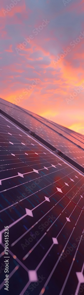 closeup, realistic, portrait of a solar power plant at dawn, with a ...