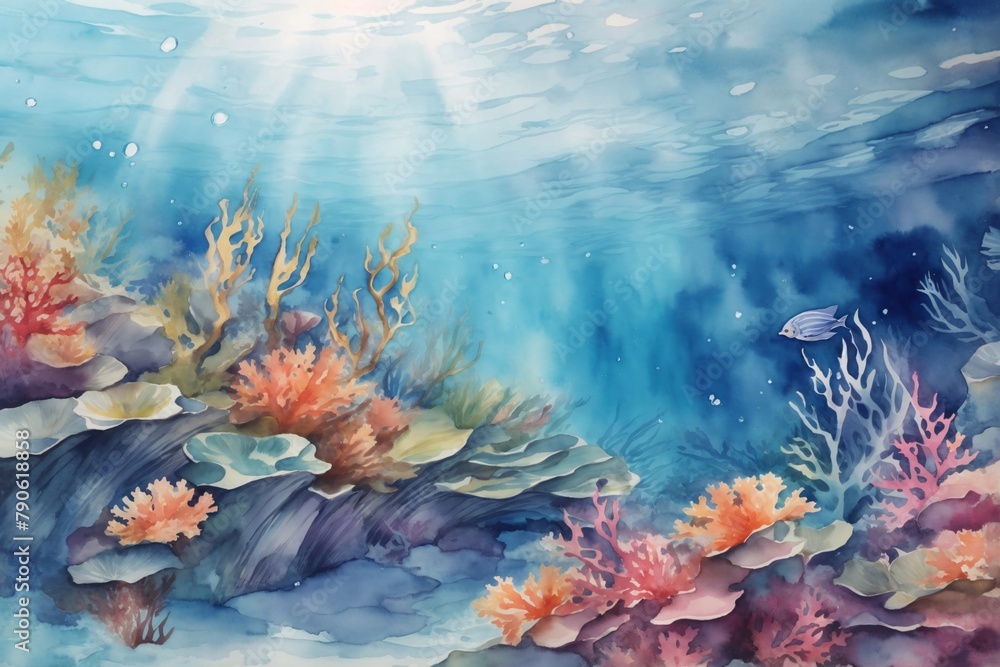 Watercolor Under Water Landscape, Under The Sea Watercolor Landscape ...