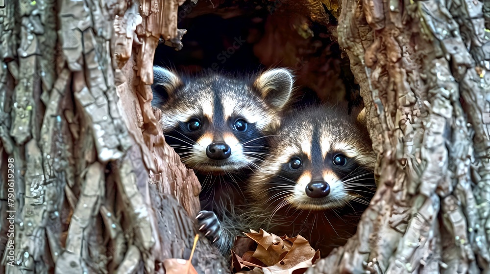 Two curious raccoons peek from a tree hollow. Nature wildlife capture ...