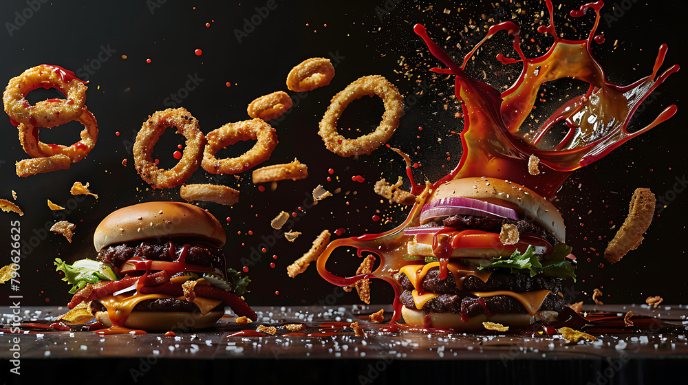 Exploding burgers with vegetables onion rings and melted cheese on ...
