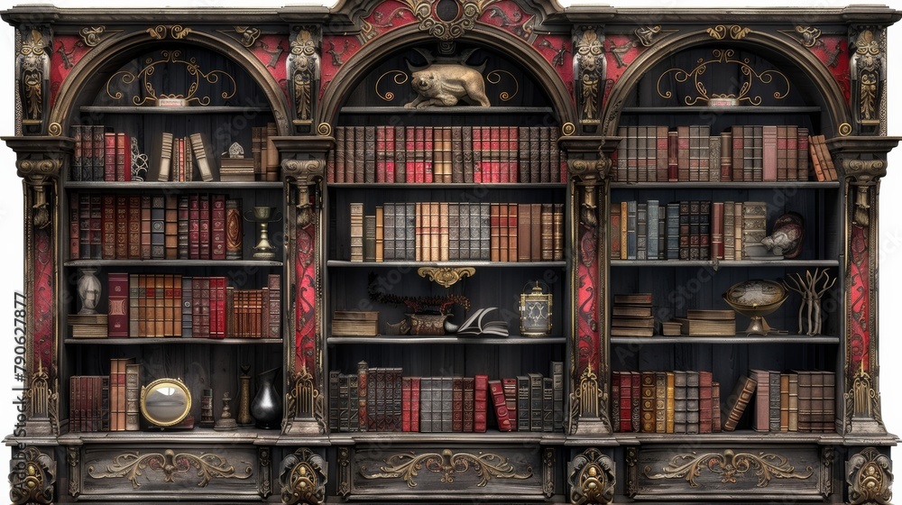 Ornate gothic bookcase filled with vintage books, perfect for classical ...