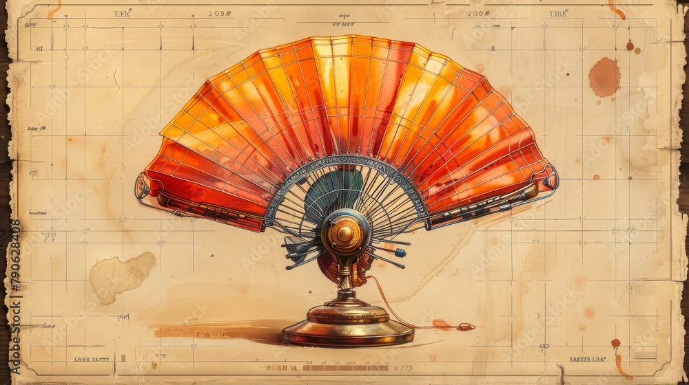 Vintage steam-powered fan with ornate design and vibrant stained glass ...