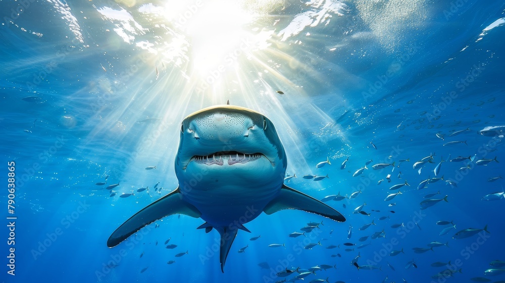 A leader shark, cute yet commanding, swims in sun-drenched blue waters ...