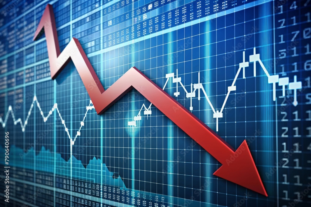 Red arrow pointing down on a graph with blue background. Stock ...
