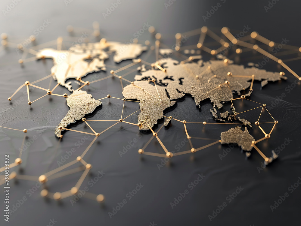 Stylized Golden Network Connections on World Map. This image features a ...
