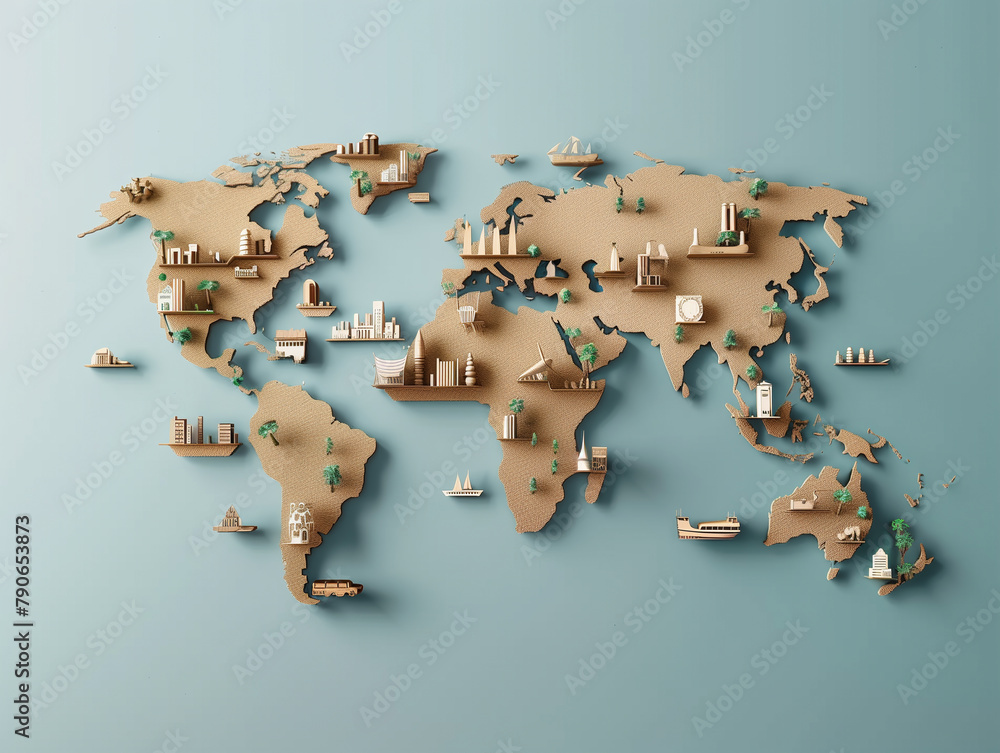Creative Cardboard World Map with 3D Icons. An imaginative ...