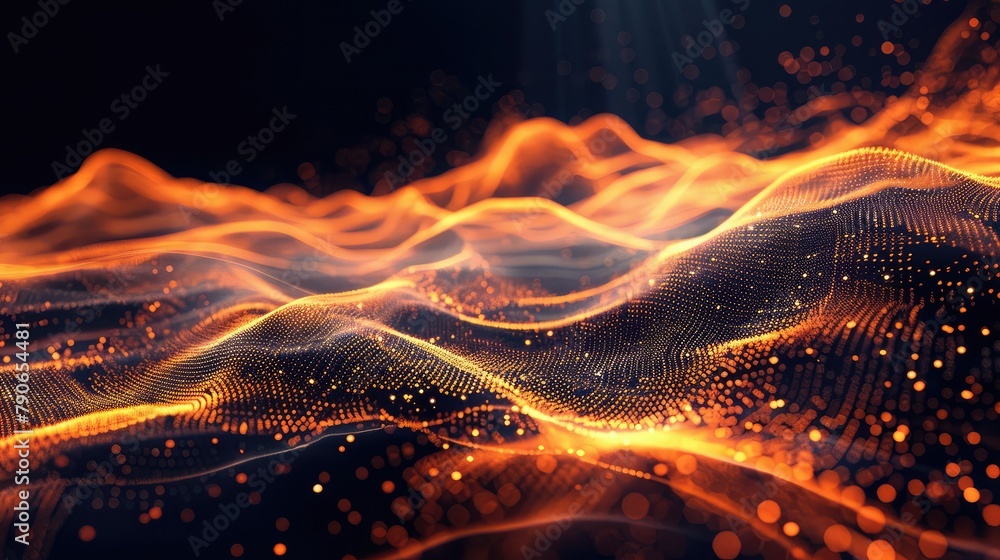 Futuristic technology wave with glowing particles. Big data visualization,Abstract bright ...