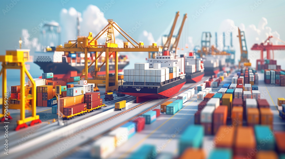 3D render minimal style complex transportation port cargo sea and land ...