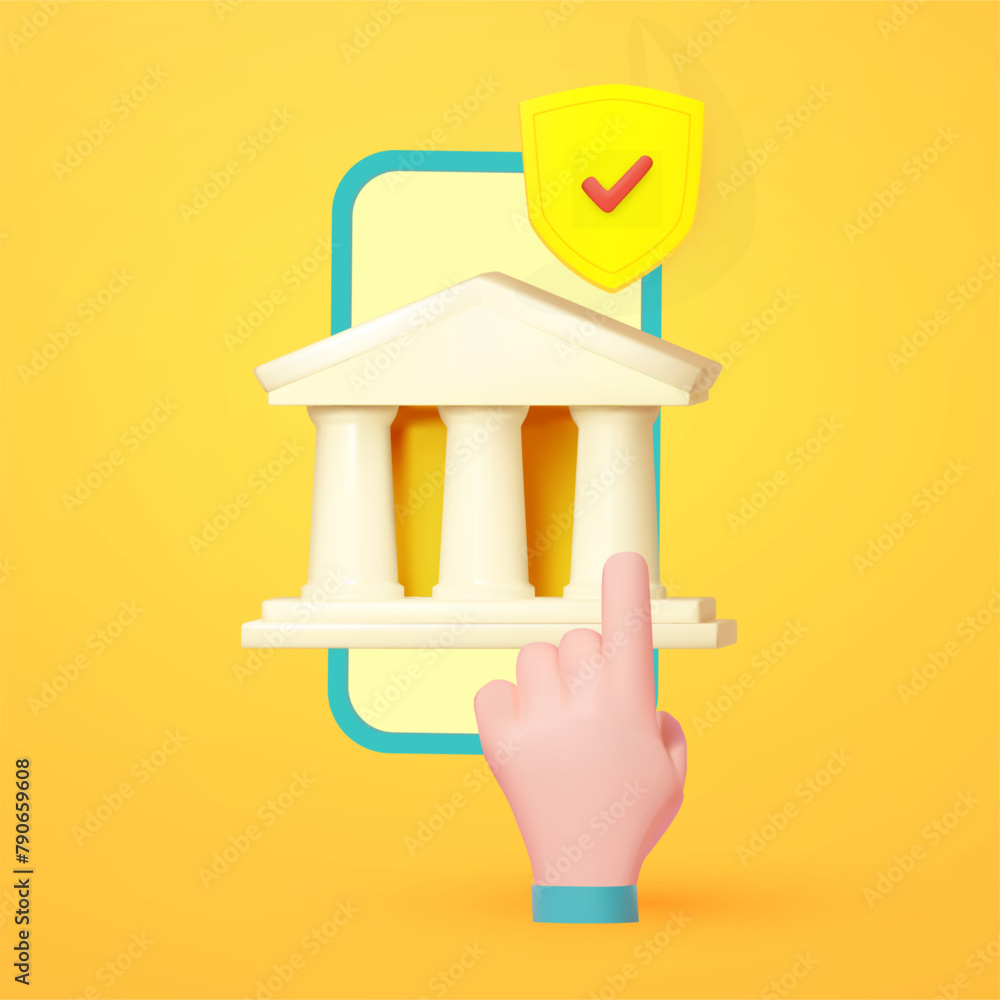 Online banking safety. 3D bank building icon with smartphone, human ...