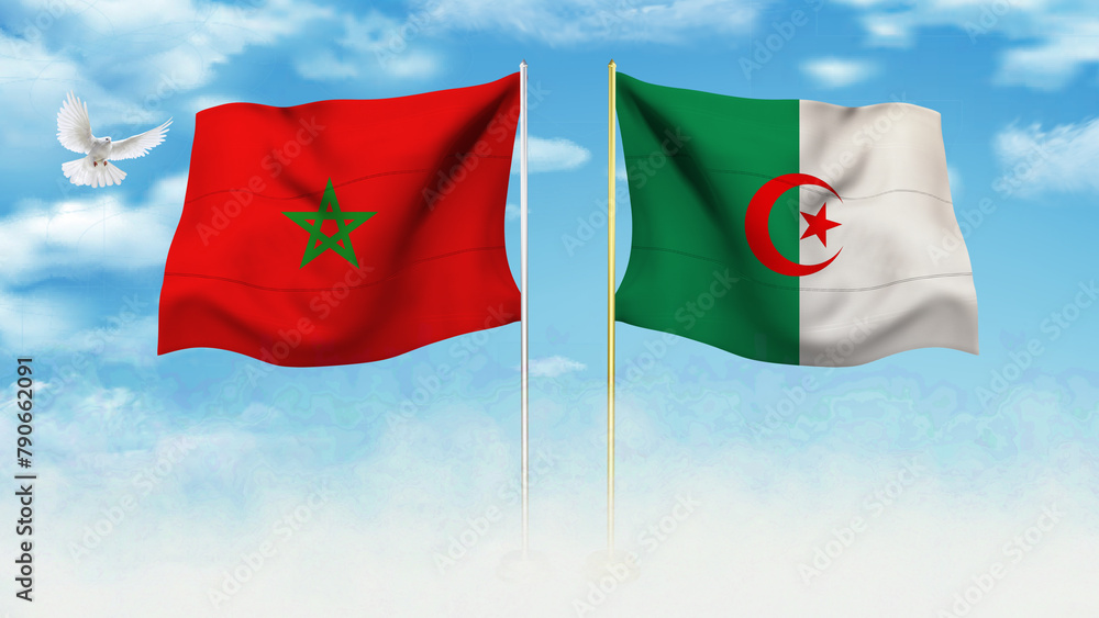 Morocco and Algeria flags waving in the wind, with a white dove flying ...