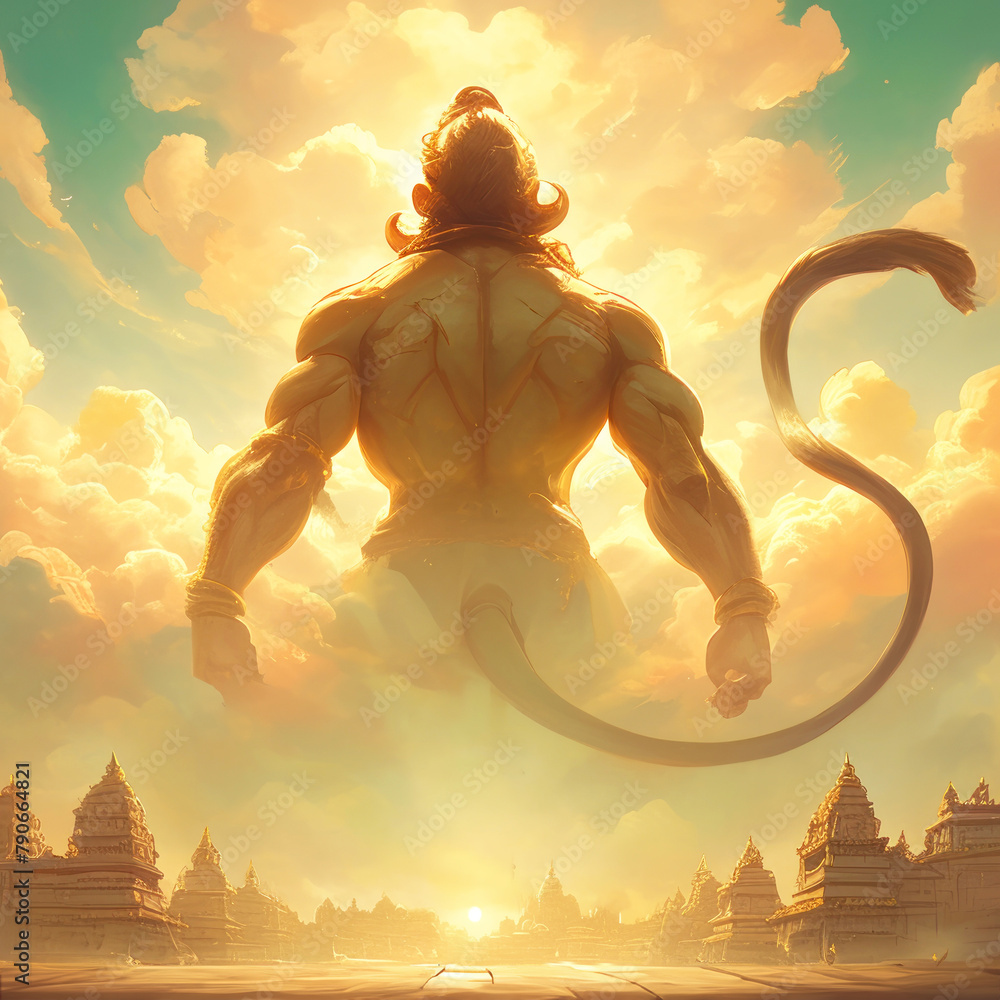 Lord Hanuman Hindu Deity Illustration Soaring Across Vast Skies for ...