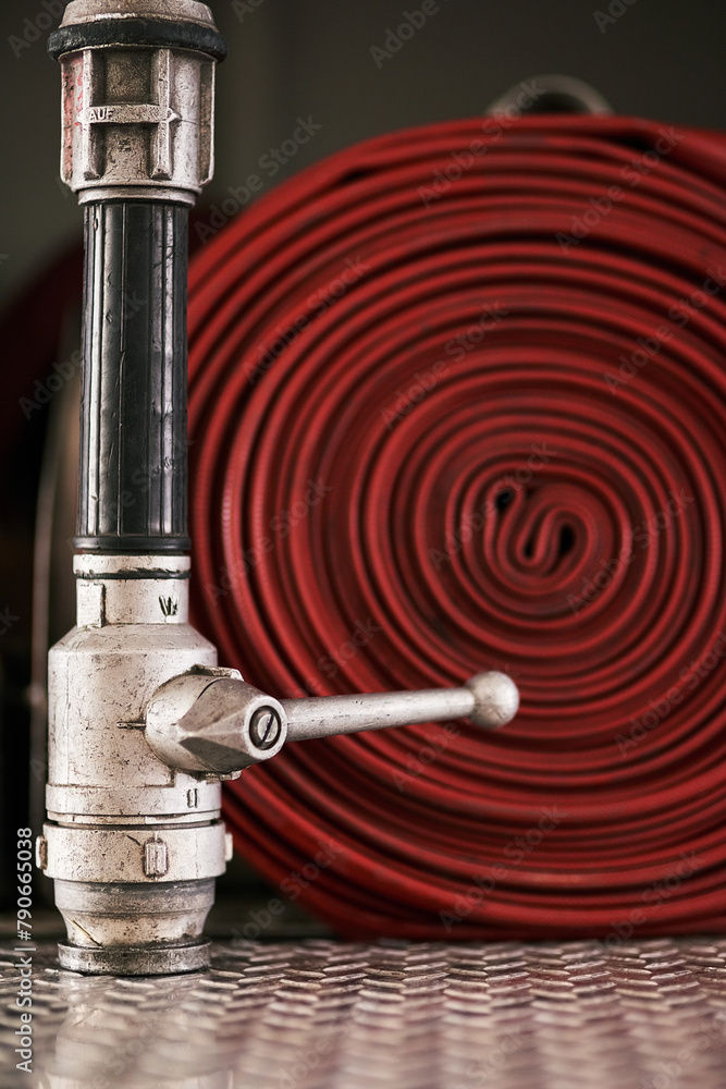 Emergency, equipment and pipe with red fire hose for security, danger ...