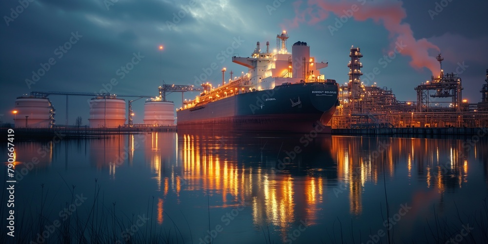 Liquified Natural Gas LNG ship tanker anchored in gas tank storage ...