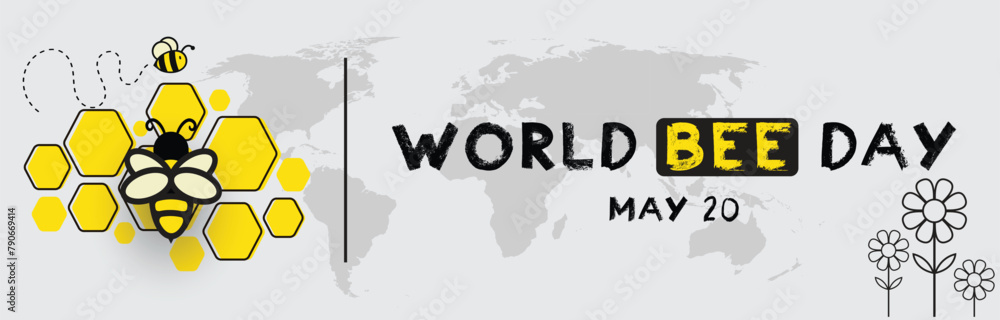 World Bee Day banner design. It features a bee on the honeycomb and a ...