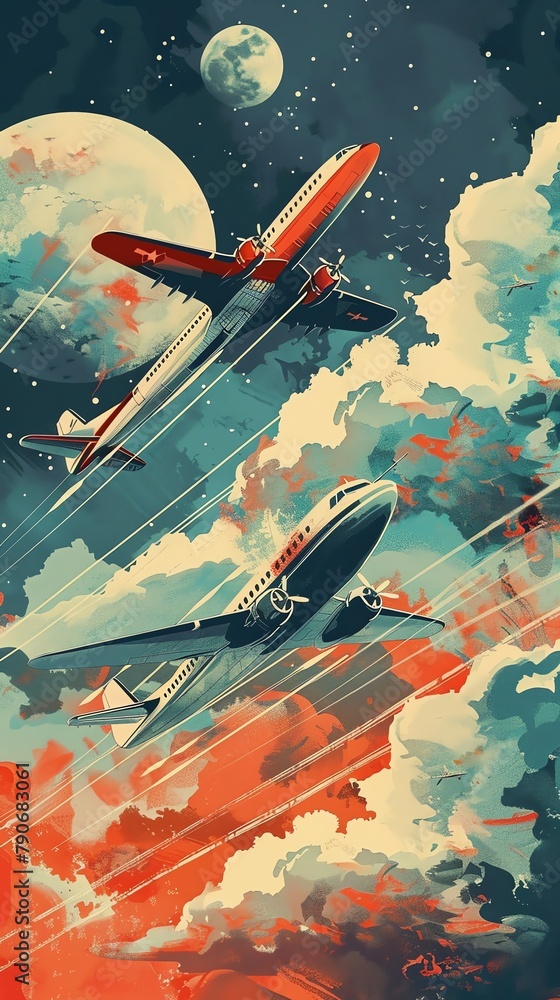 Illustrate aviation milestones in vector art, blending retro styles ...