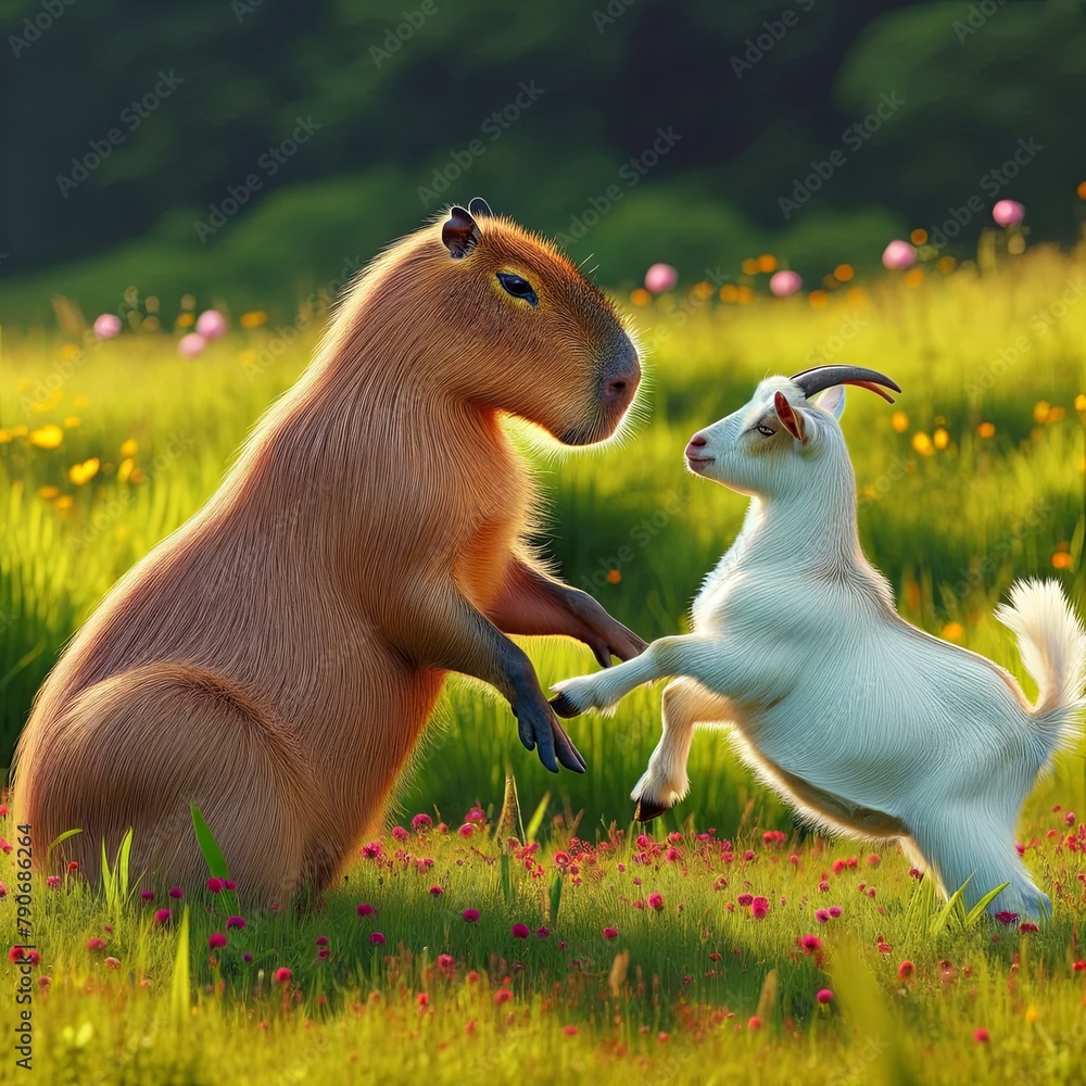 A capybara and a goat are standing on their hind legs and holding each ...