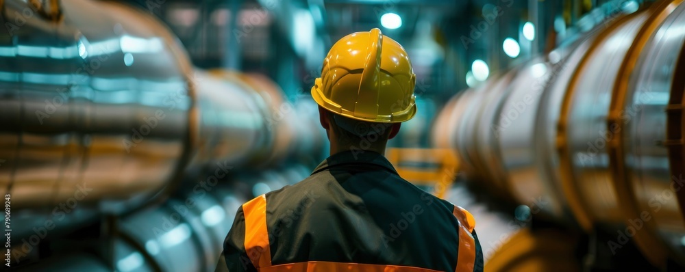 In front of the factory's massive industrial pipes, a worker with a ...