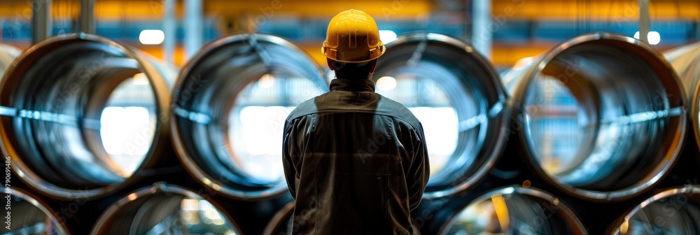 In front of the factory's massive industrial pipes, a worker with a ...