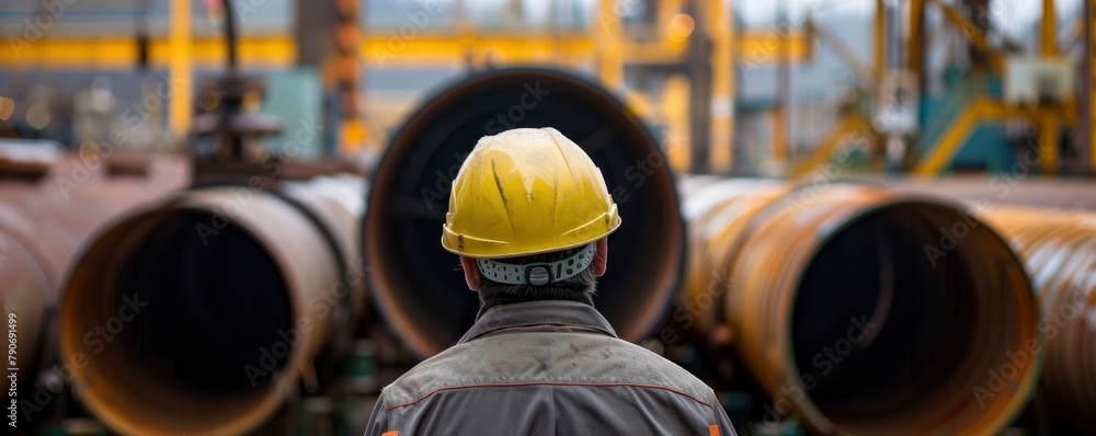 In front of the factory's massive industrial pipes, a worker with a ...